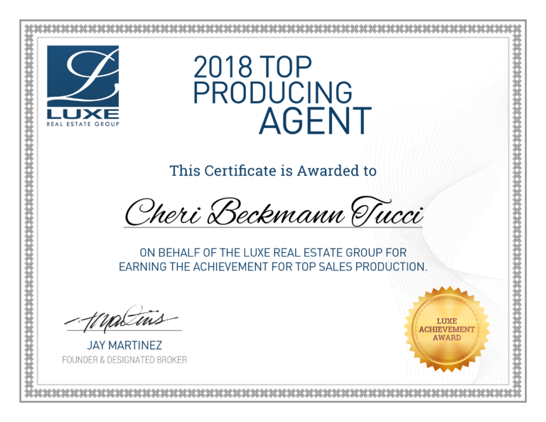 Top Producer Award 2018 Cheri Tucci Luxe Agent